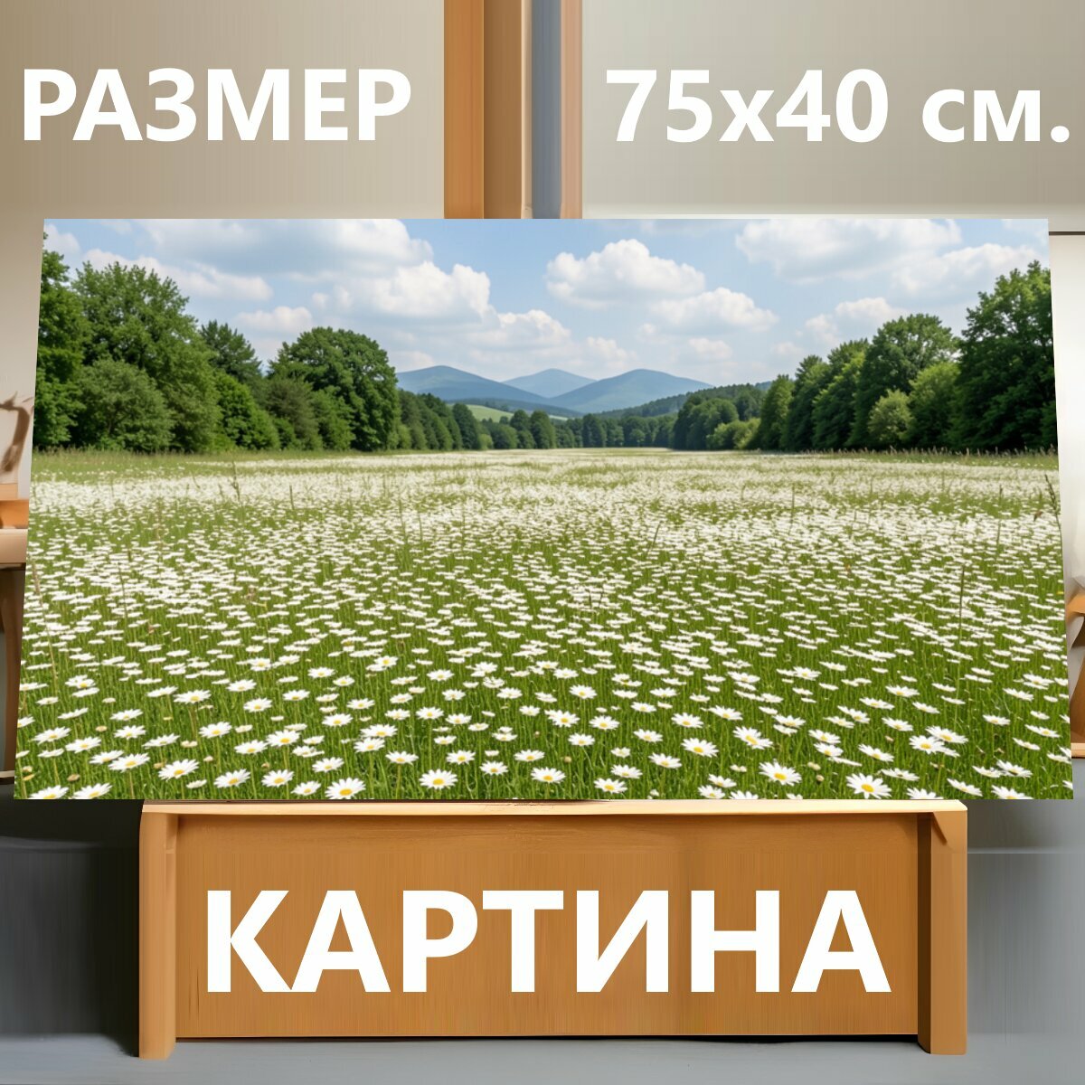 Картина на холсте "Цветущая ромашковая поляна. Широкий летний ландшафт с бескрайним ковром белых ромашек, зелёными лугами, линией леса и." на подрамнике 75х40 см. для интерьера