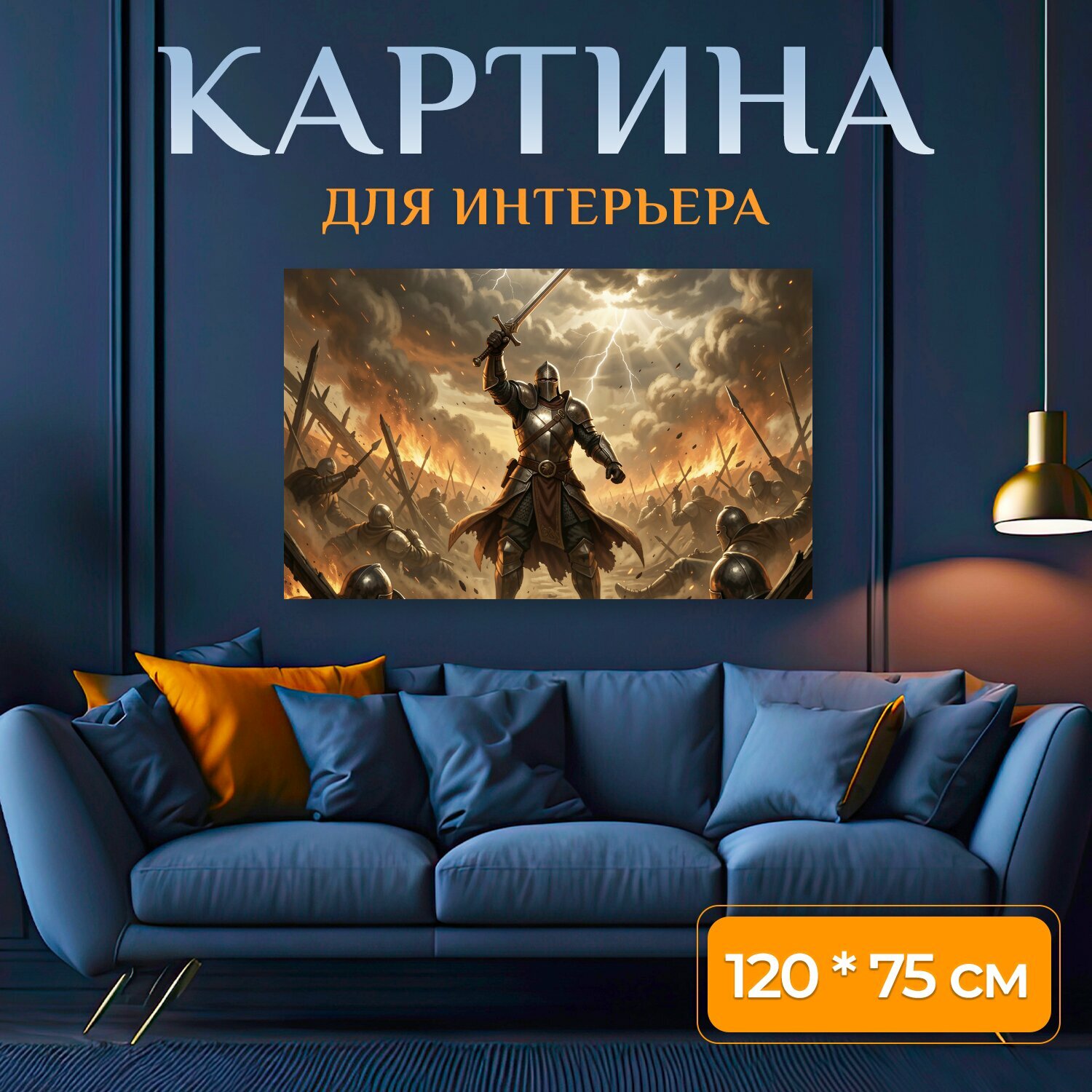 Картина на холсте "Рыцарь с мечом на поле боя. Эпическая средневековая сцена в огне и дыму: закованный воин с поднятым клинком на фоне молний." на подрамнике 120х75 см. для интерьера