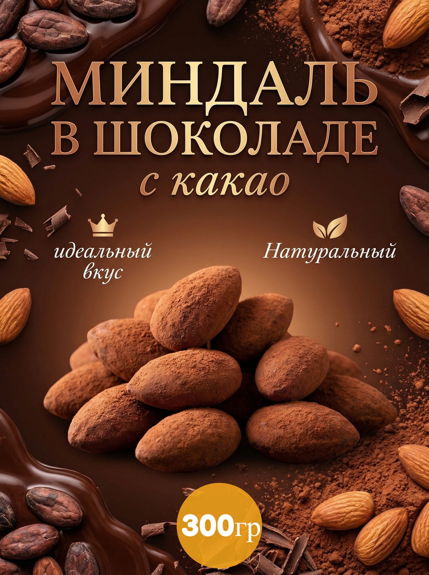 Миндаль в шоколадной глазури с какао 300 гр. Премиум качество.