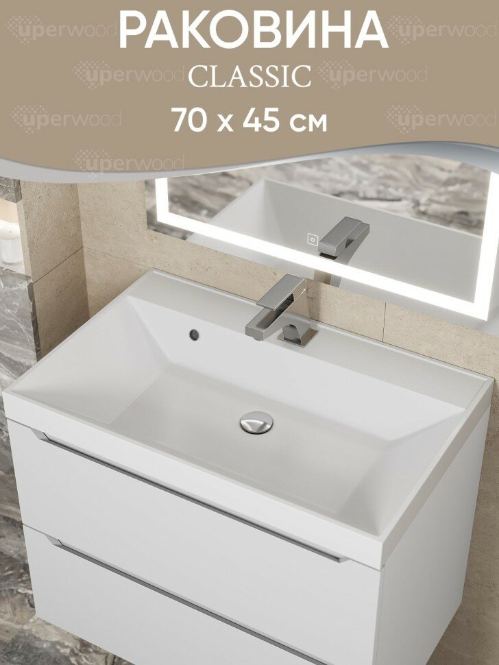 Раковина для ванной 70 см, Uperwood Classic, белая глянцевая