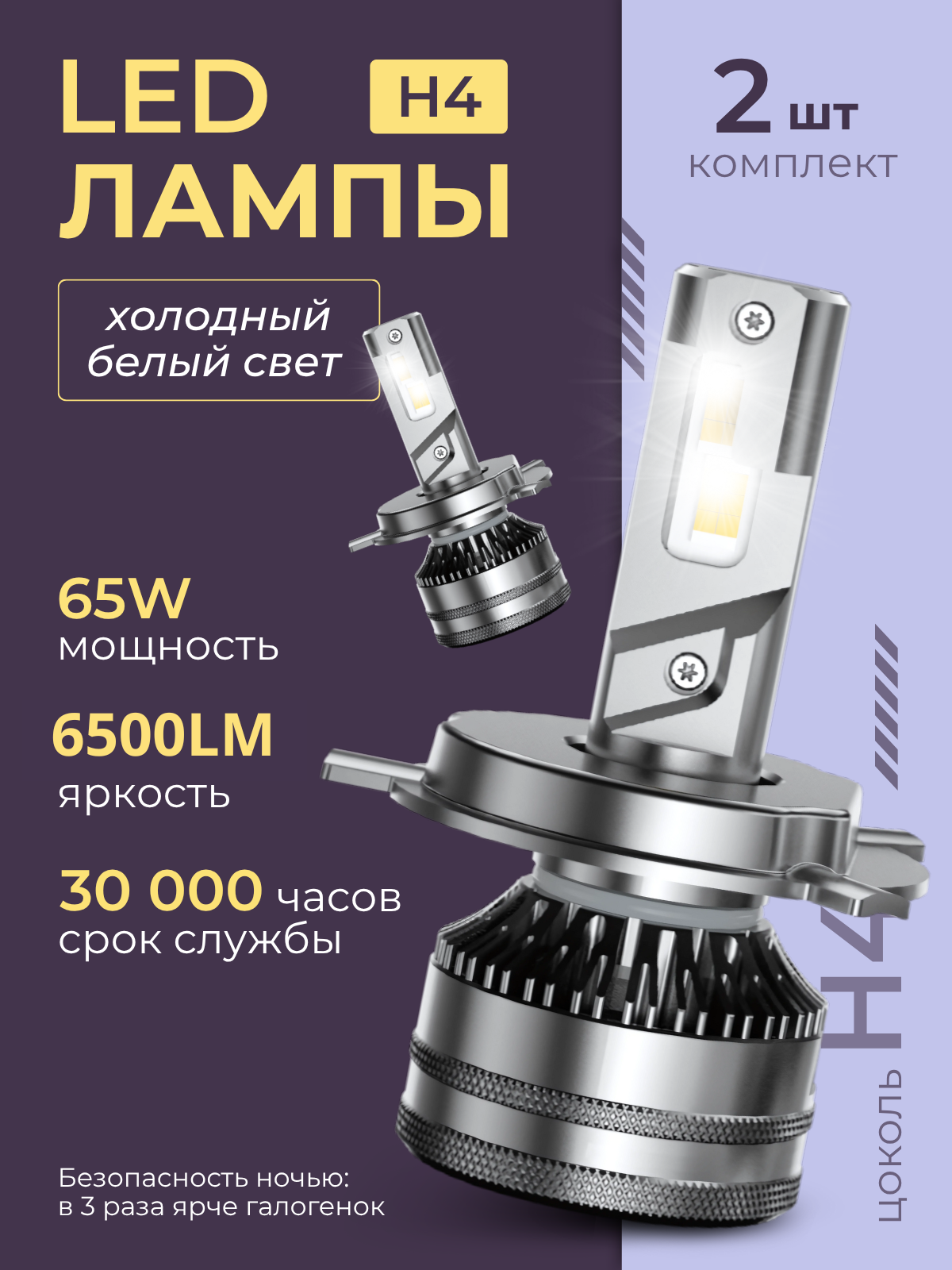 Лампа автомобильная H4 12-24V 65W (P43t) Лампа LED (CAN, 6000K, 6500Lm) к-т.2шт.