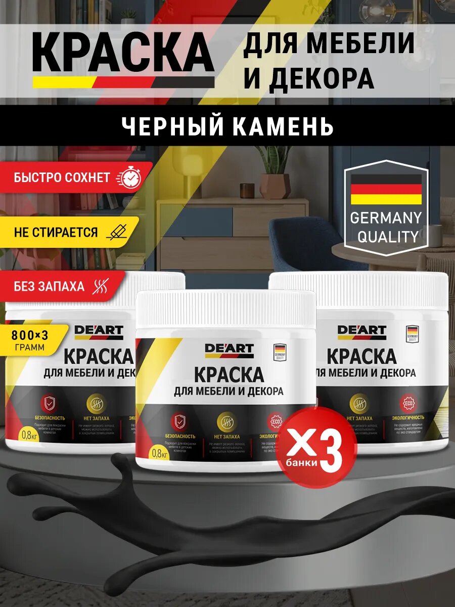 Краска для мебели и декора матовая без запаха черный камень