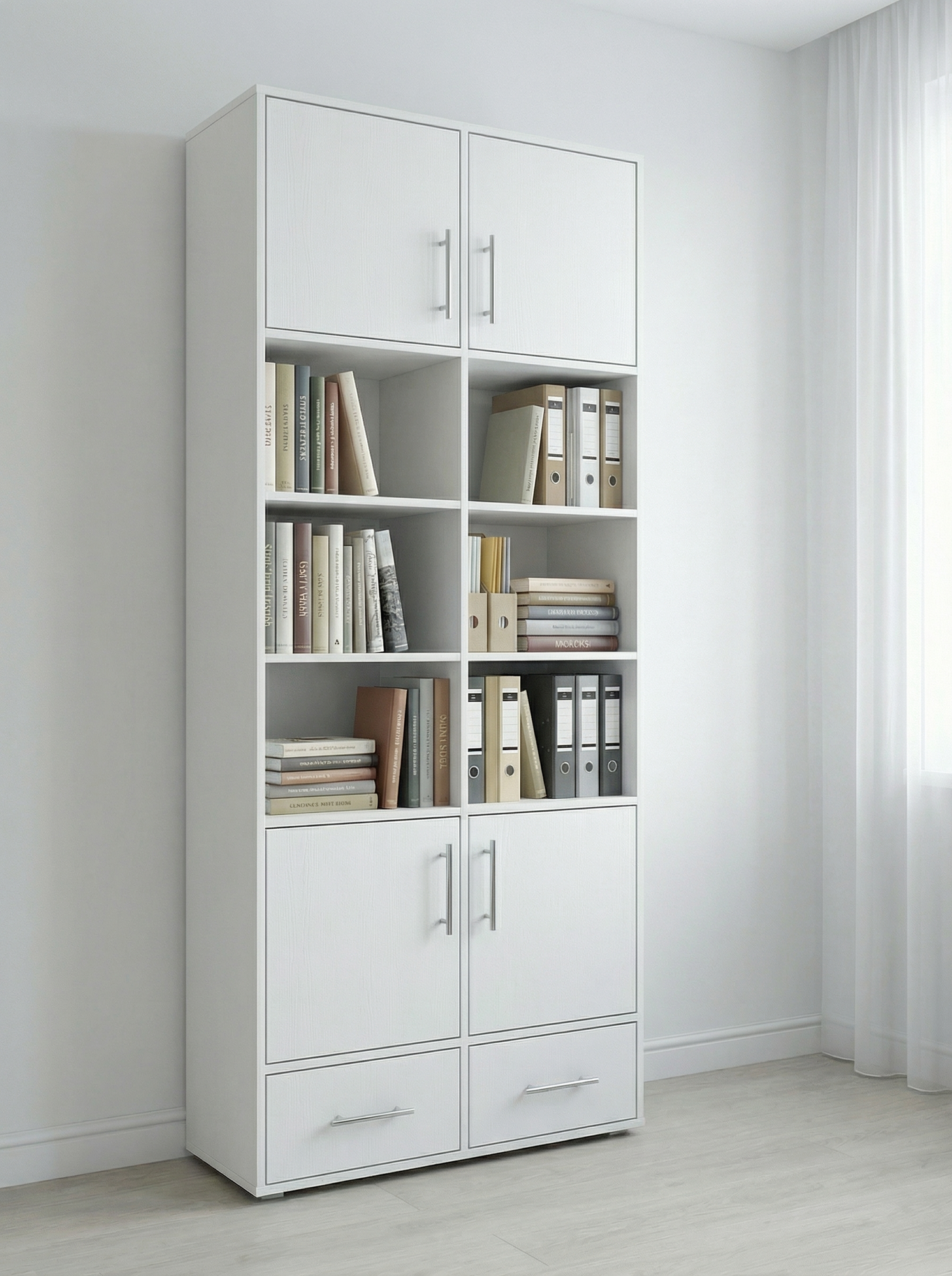 Стеллаж открытый напольный с 2 ящиками и 4 дверцами Стим-37, ШхГхВ: 100х38х220 см, белый