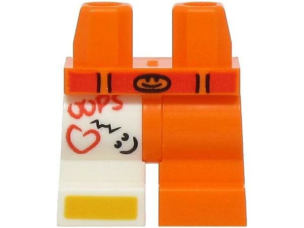 Деталь Lego 970dm02pb01 Hips and 1 Orange Medium Left Leg, 1 White Medium Right Leg with Red Belt, 'OOPS' and Heart, Black Smiley Faces, Bright Light Orange Shoe Tip Pattern (BAM)