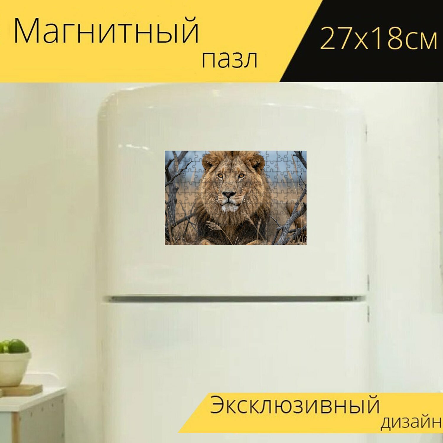 Магнитный пазл "Лев в сухой саванне. Величественный дикий хищник лежит среди сухой травы и голых веток, крупный план морды, густая грива." на холодильник 27 x 18 см.