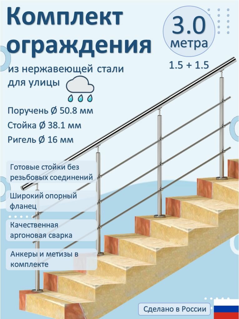 Перила для лестницы натеко, составное ограждение 3 м. из Нержавеющей Стали AISI 304, поручень 50.8 мм, из нержавейки для Улицы