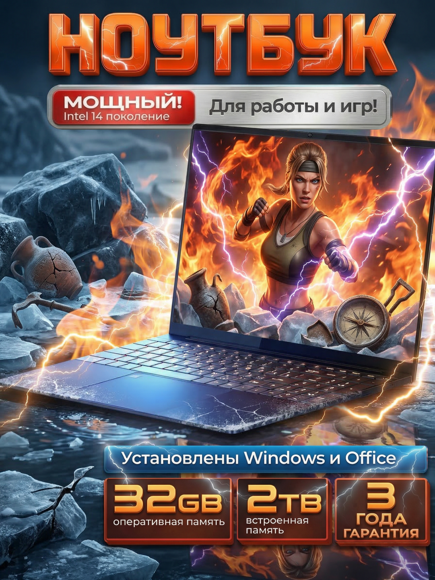 Ноутбук игровой 2026 N-Series, RAM 32GB, SSD 2048GB, IPS + Windows