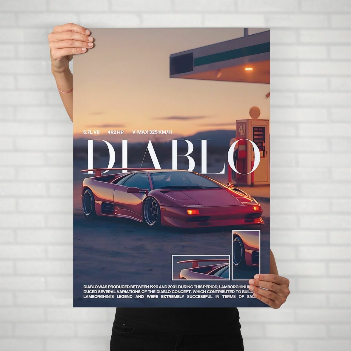 Плакат на стену для интерьера Спорткар (Lamborghini Diablo 1) - Постер по спортивным гоночным машинам автомобилям формата А2 (42x60 см)