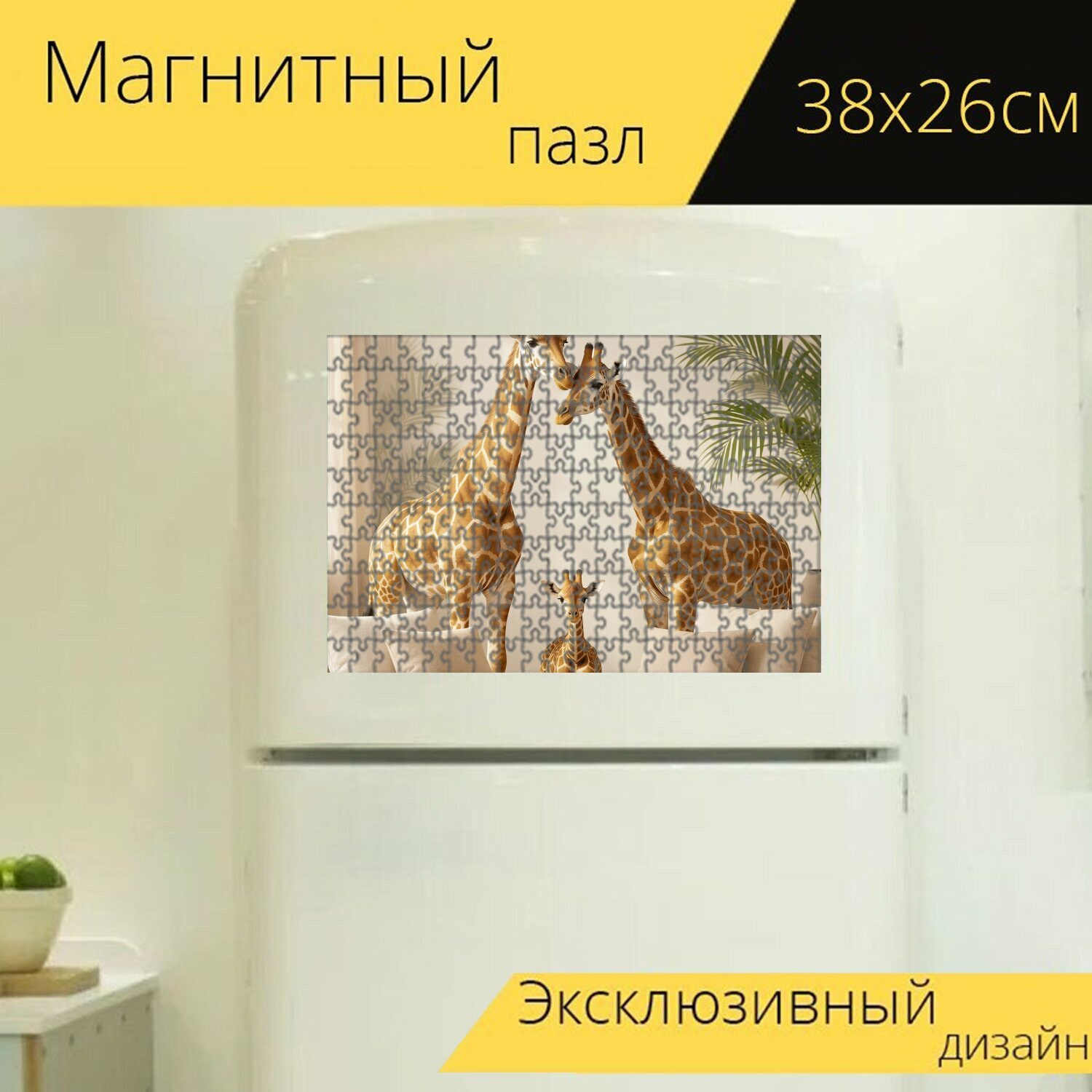 Магнитный пазл "Семья жирафов в интерьере. Тропическая композиция с двумя взрослыми животными и детенышем на светлом фоне. Бежево-золотая палитра, пальмовые." для интерьера, 38х26 см.