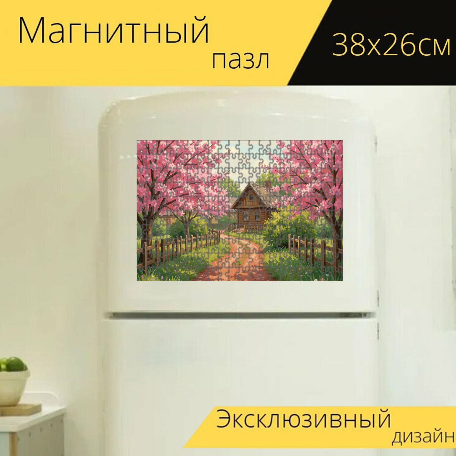 Магнитный пазл "Весенняя деревня в цвету. Уютный сельский пейзаж с деревянным домиком, извилистой грунтовой дорогой, цветущими сакурами, зелёными кустами и." для интерьера, 38х26 см.