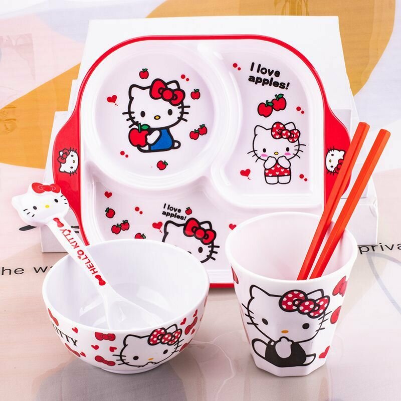 Детская посуда с мультяшным рисунком, миска с ручкой Hello Kitty, тарелка с разделителями для школьников, ударопрочная и противоожоговая миска и кружка.