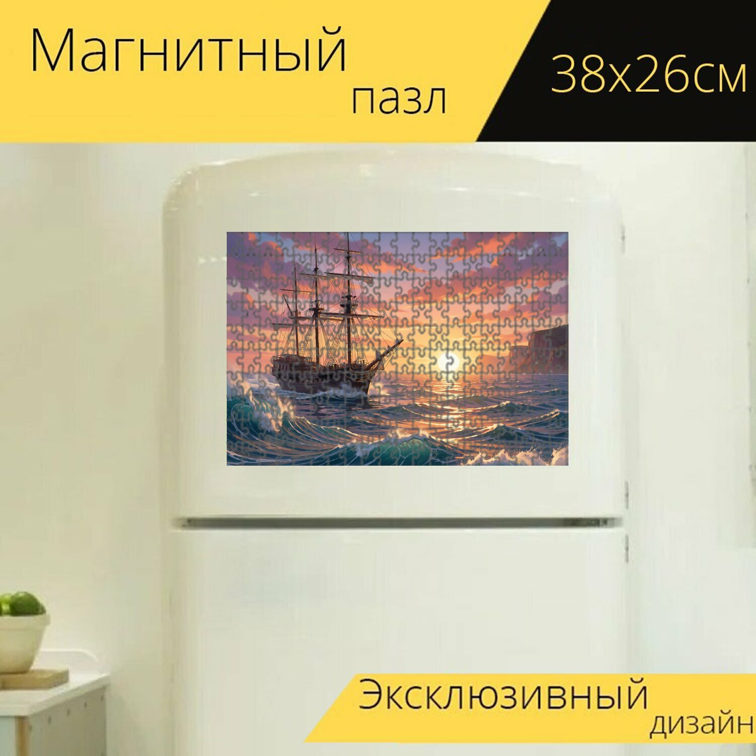 Магнитный пазл "Парусный корабль в море на закате. Живописный морской пейзаж с фрегатом среди волн, сияющим солнцем у горизонта, скалистым берегом и." для интерьера, 38х26 см.