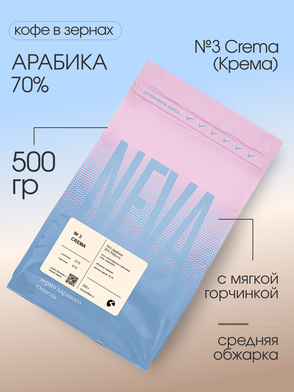 Кофе в зернах №3 Crema (Крема), 70% Арабика/30% Робуста 500г, свежеобжаренный Neva Coffee Roasters (Нева Кофе)
