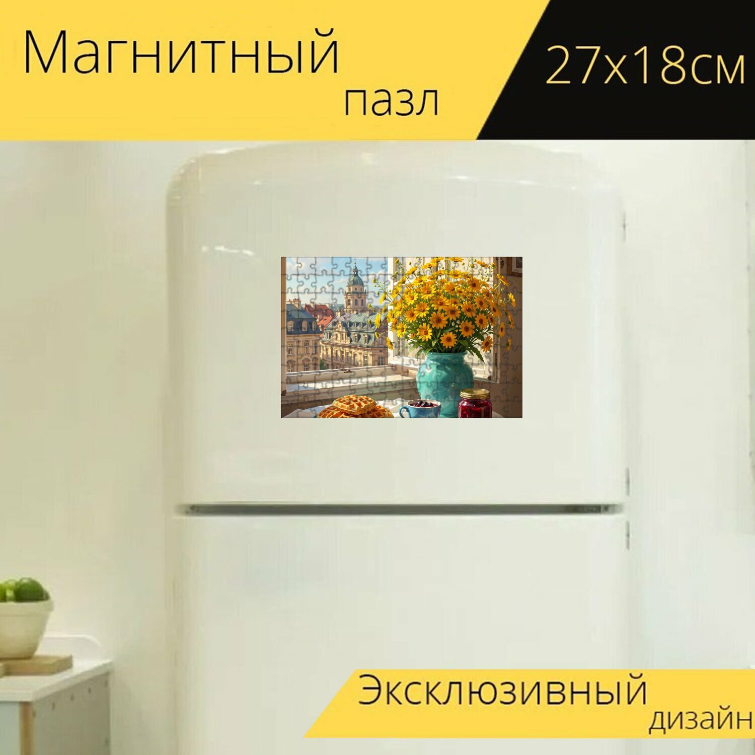Магнитный пазл "Желтые ромашки у окна. Солнечный натюрморт: букет золотистых цветов в бирюзовой вазе, вафли, чашка с ягодами и банка варенья на фоне." на холодильник 27 x 18 см.