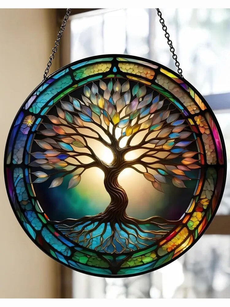Подвеска из витражного стекла, дерево жизни, солнечный ловец 15 см, панель из стекла, декор сада
