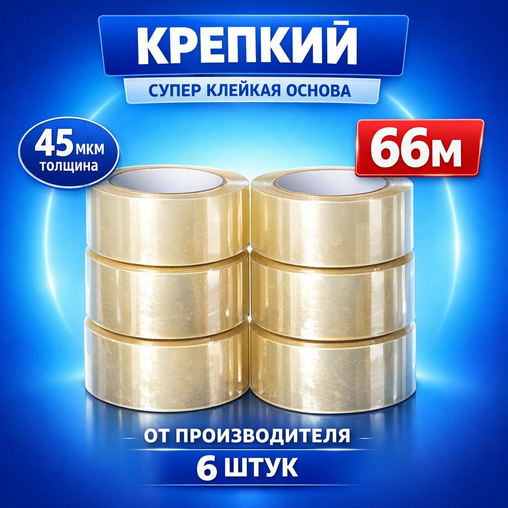 Скотч прозрачный, Клейкая лента 48*66 м, 45 мкм 6 штук