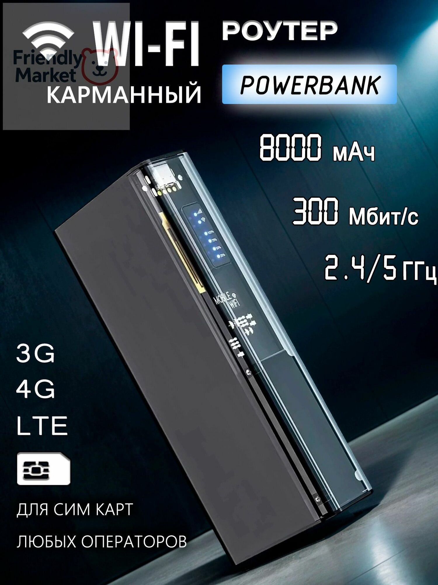 Карманный беспроводной Wi-Fi Роутер 5ГГц, со слотом для сим карт, PowerBank 8000мАч мобильный маршрутизатор с сим-картой портативный роутер с повербанком