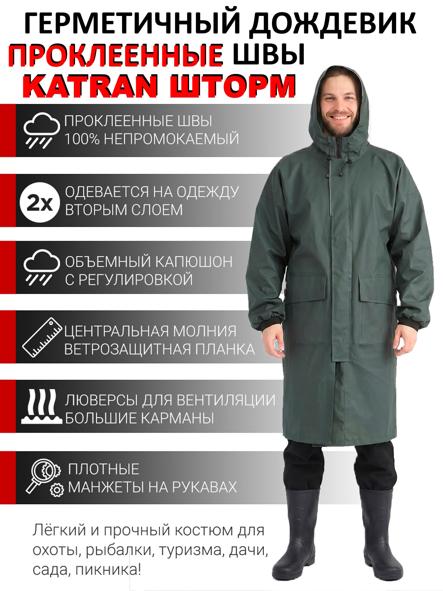 Плащ водонепроницаемый дождевик KATRAN шторм (Винитол, темно-серый), Размер: 58-62