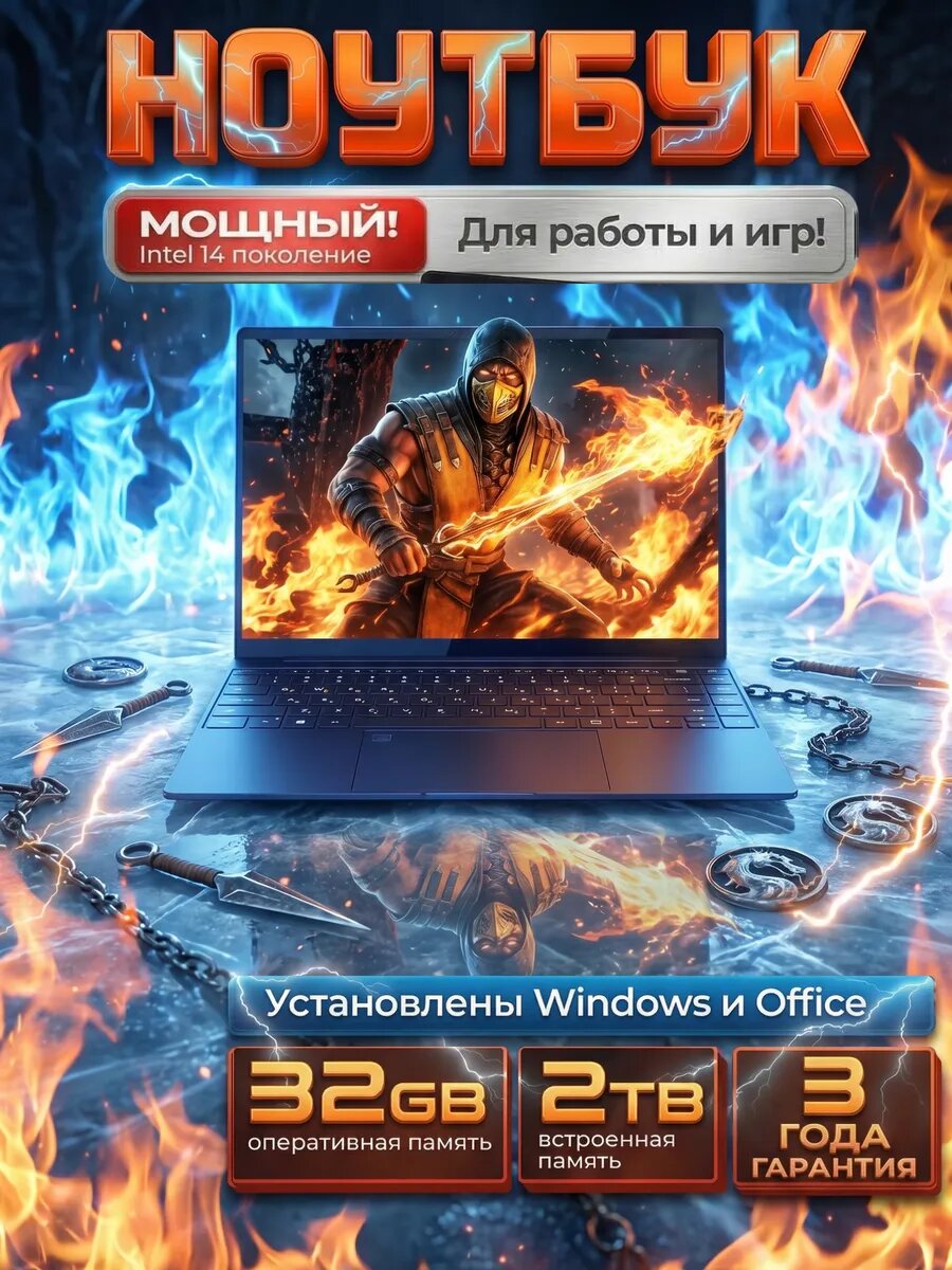 Ноутбук игровой 2026 Intel H-series, RAM 32GB, SSD 2048GB, IPS + Windows, Office