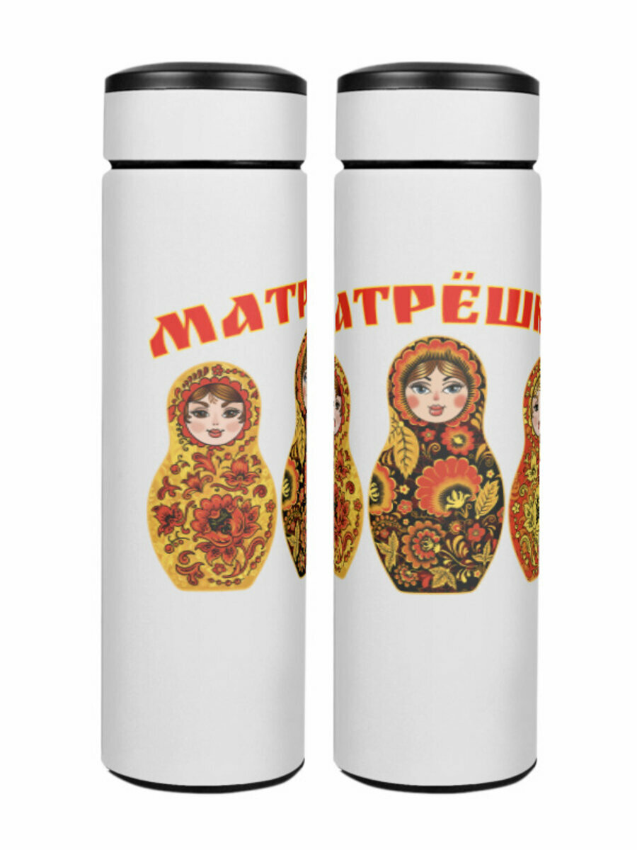 Термос «матрёшка, народный стиль, русский узор» (белый)