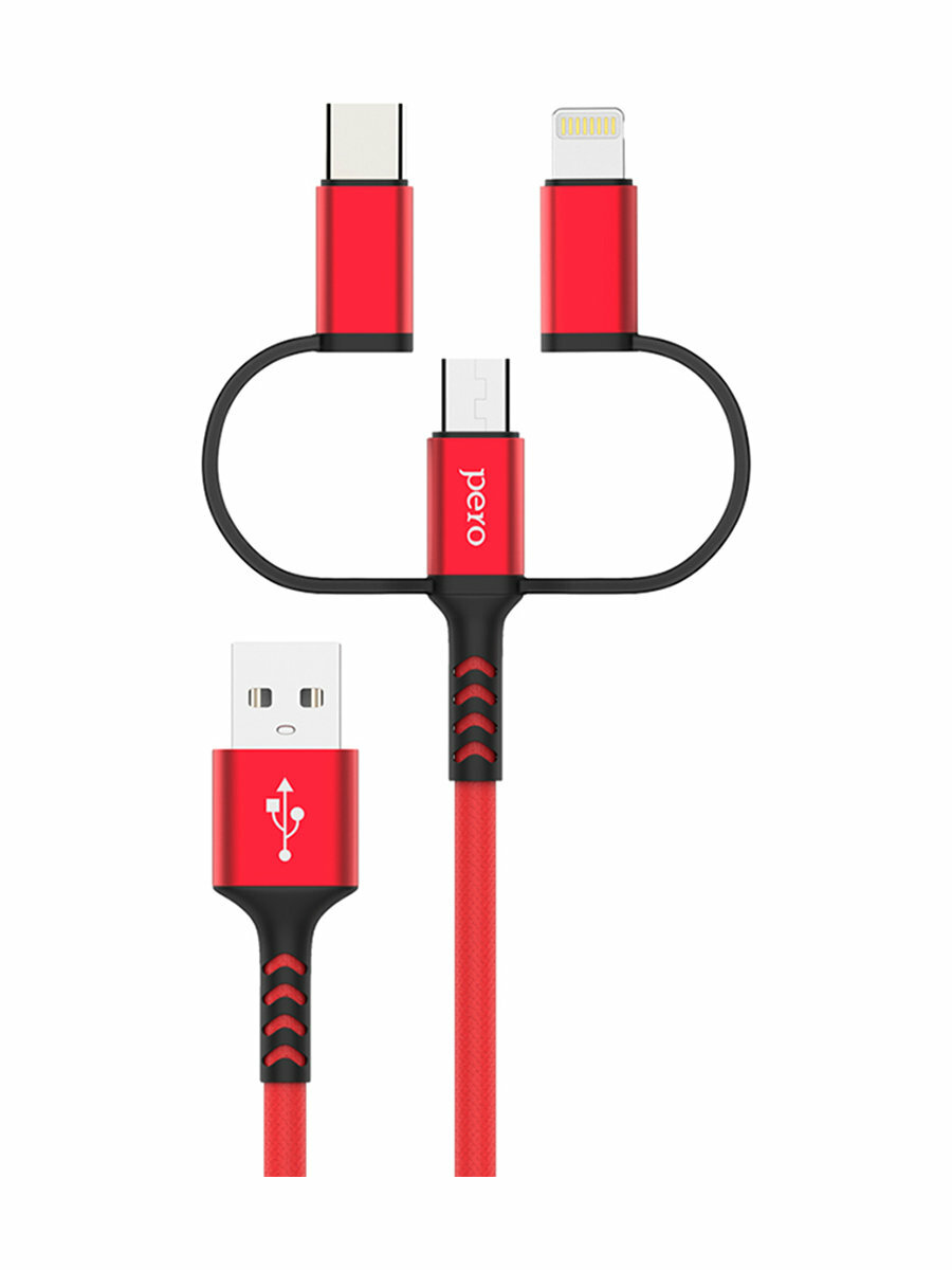 Кабель Pero DC-06 USB / Apple Lightning / microUSB / USB-C 2 м Красный