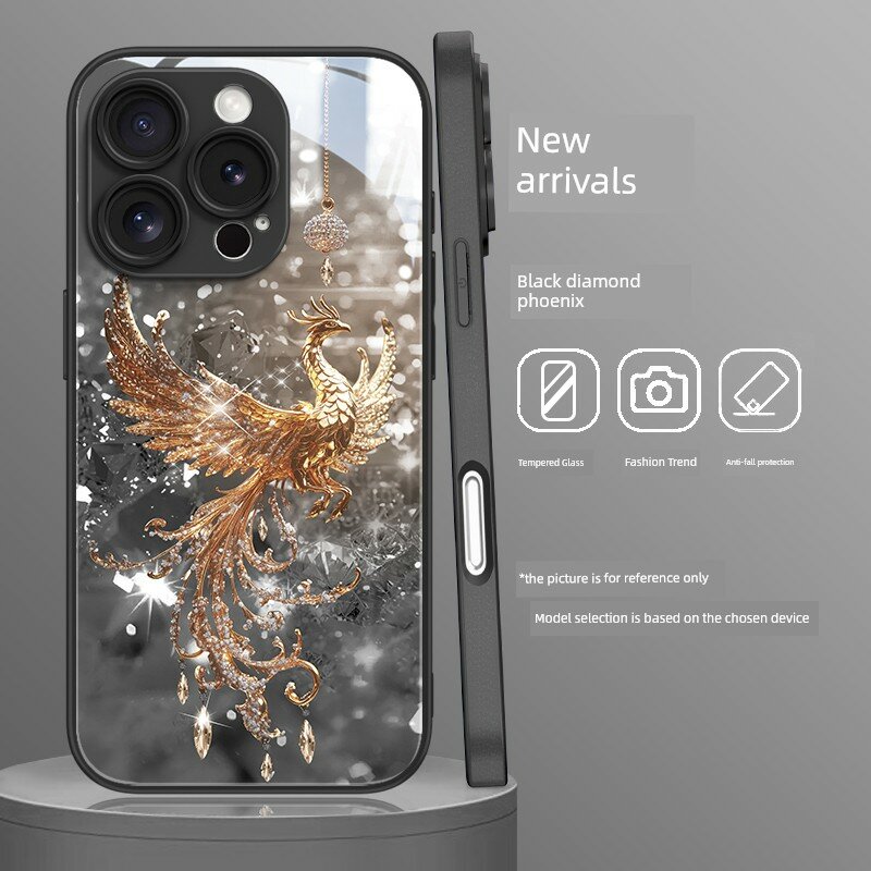 IPhone 16 Pro чехол черное алмазное золото феникс дизайн из ПК