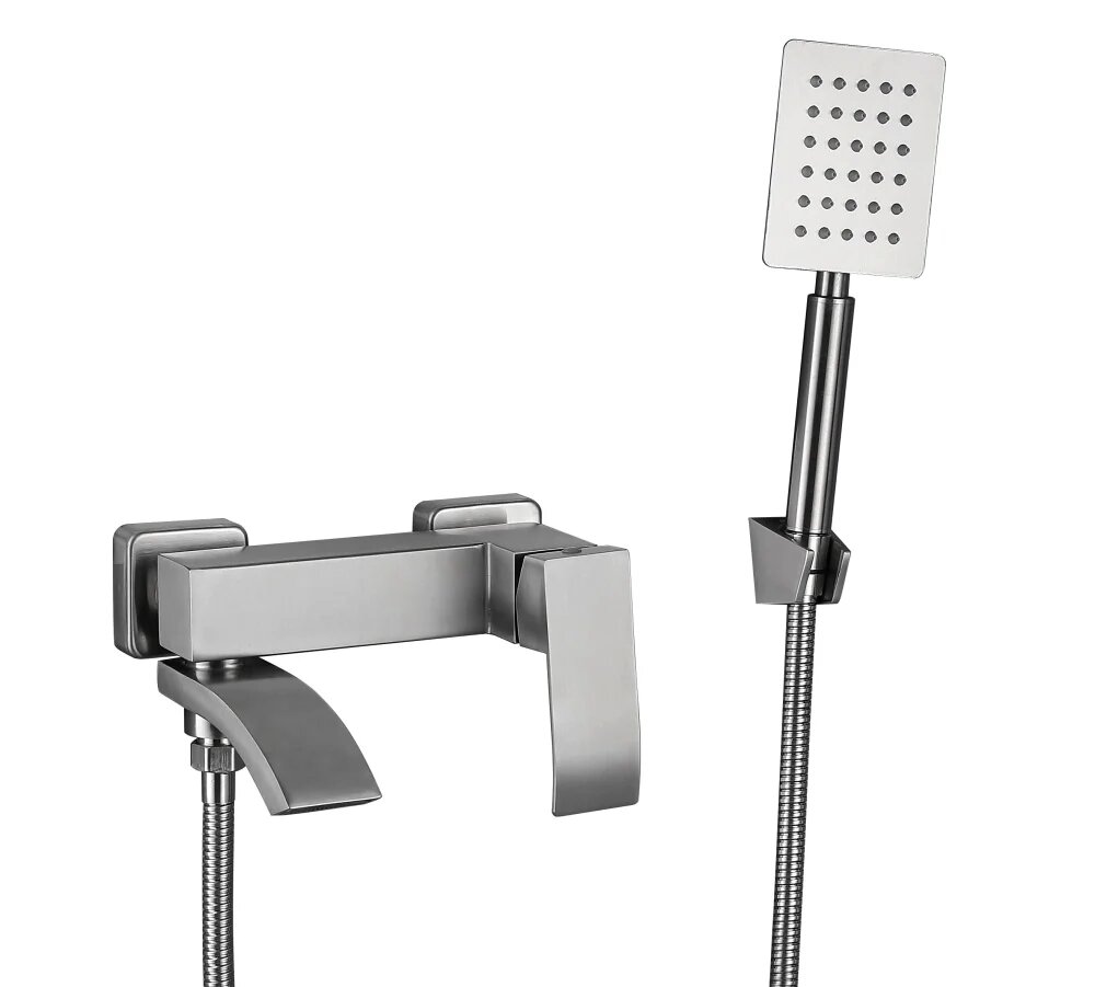 Смеситель для ванны с душем Fmark FS8624-1 с душевым гарнитуром, настенный, однорычажный, с поворотным изливом, матовый, из нержавеющей стали, с керамическим картриджем