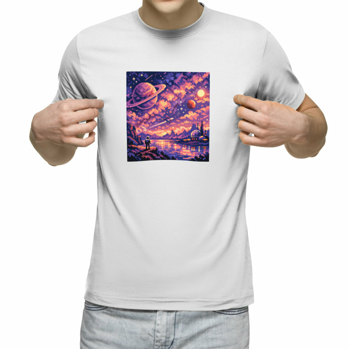Мужская футболка «Космический пейзаж в стиле пиксель арт» (белый, 2XL)