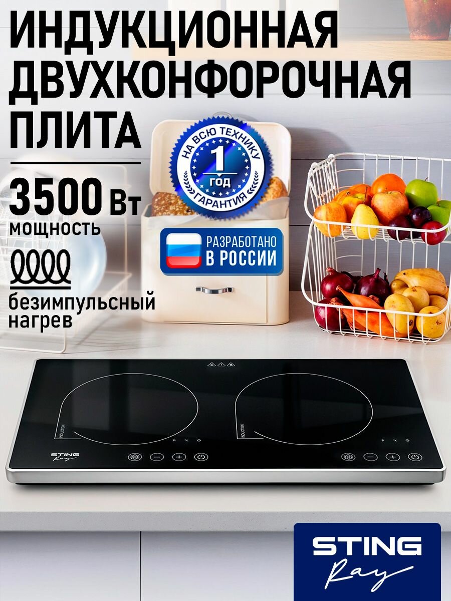 STINGRAY Индукционная варочная панель, 2 конфорки, безимпульсная плитка, таймер, термостат, черный жемчуг