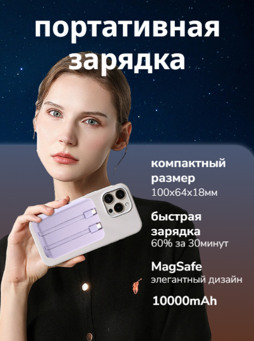 Портативное зарядное устройство, два кабеля для зарядки type-c и ios port, совместим с MagSafe, компактный размер