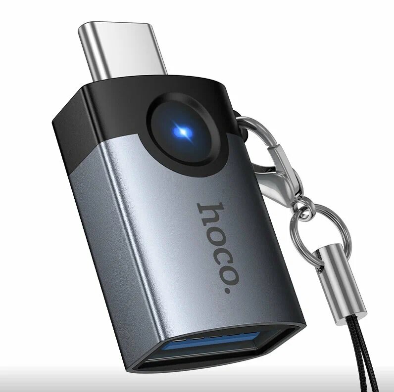 Hoco UA46C Victory, Type-C(M) to USB-A(F), LED индикатор, Алюминий, Серый