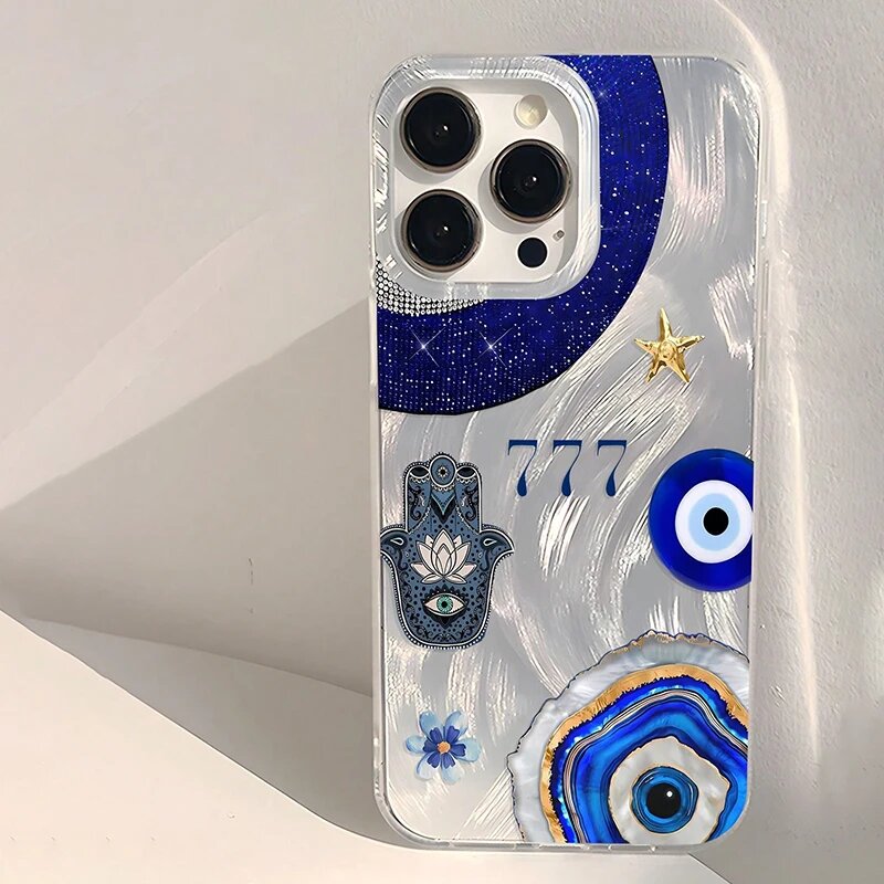 Чехол для телефона с синим оберегом от сглаза и рукоятью Хамса для iPhone 17 Air 16 16e 15 14 13 12 11 Pro Max 8 7 Plus, задняя крышка с шифоновой текстурой