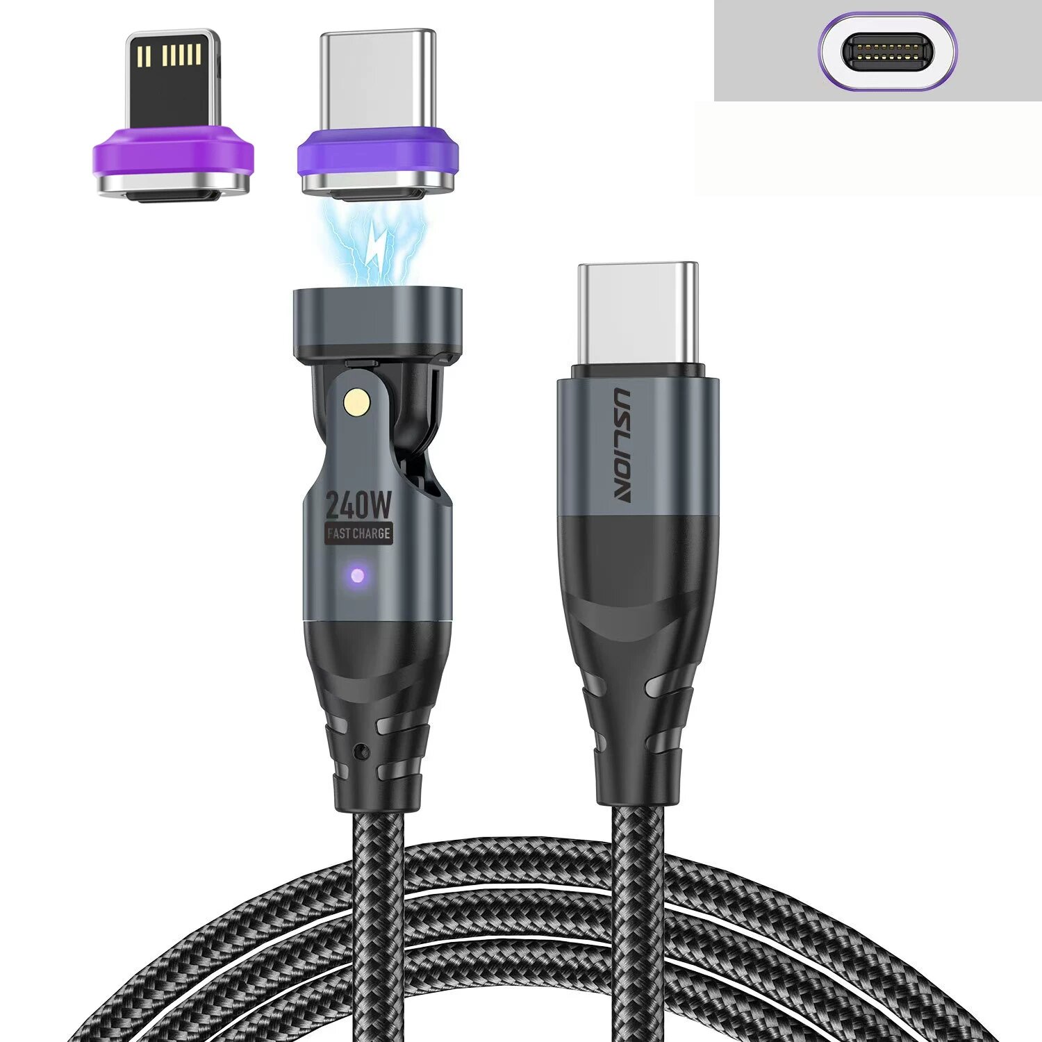 Магнитный кабель Type-C к Type-C/Lightning PD240W 1.8м для iPhone, Xiaomi