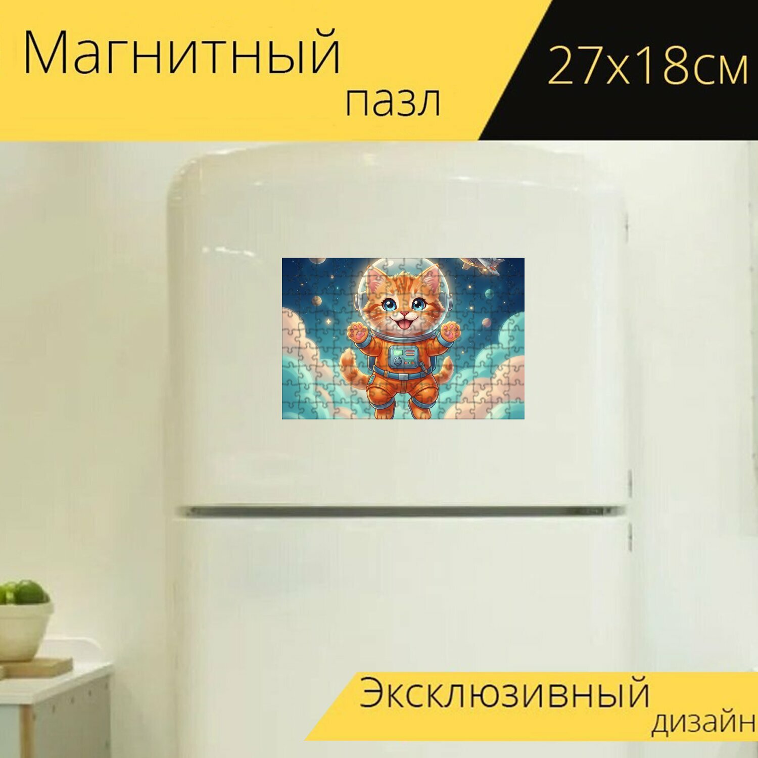 Магнитный пазл "Котенок в космическом скафандре. Милый рыжий пушистик в шлеме и оранжевой экипировке парит среди облаков и звезд, рядом планеты и ракета." на холодильник 27 x 18 см.