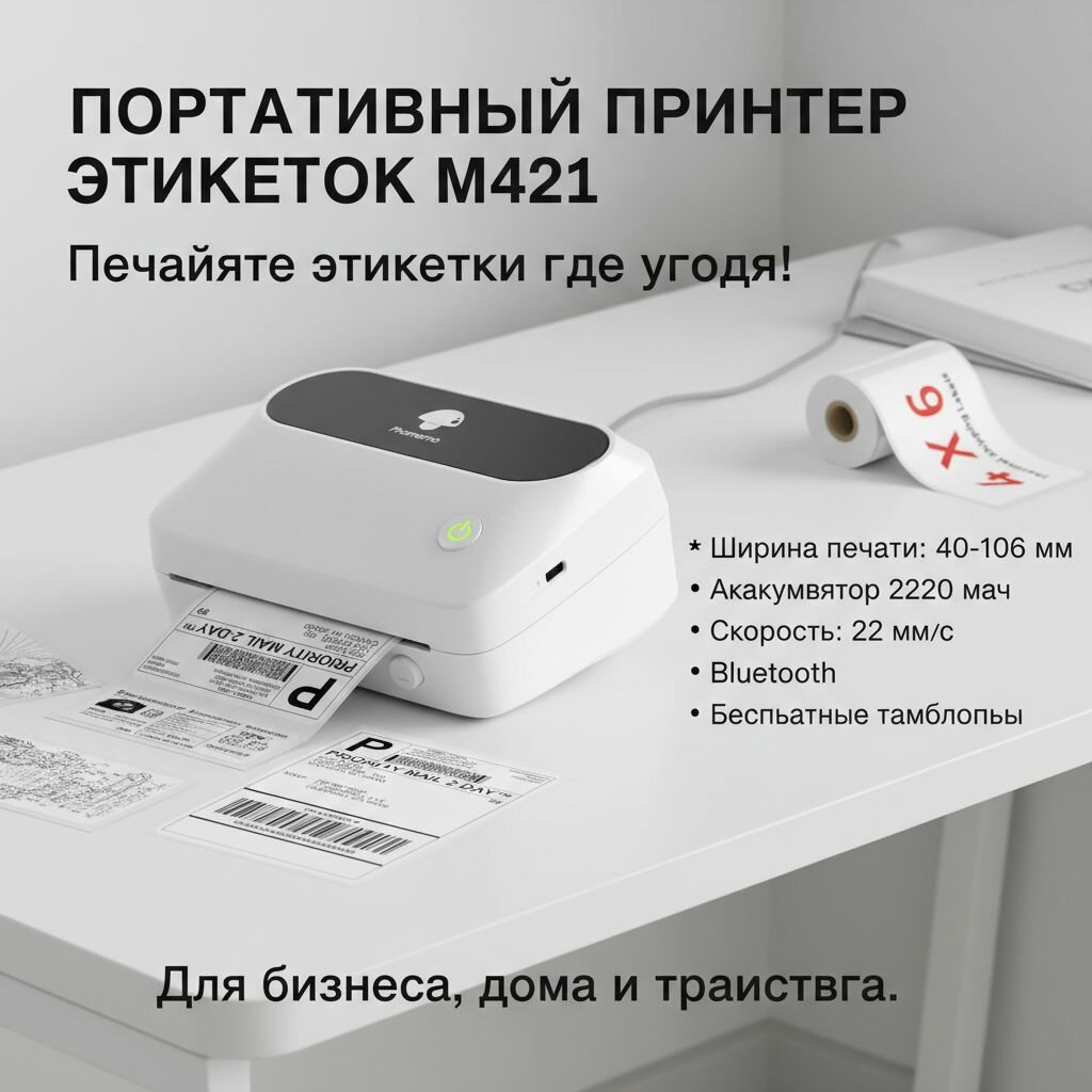 Принтер для наклеек/этикеток термотрансферный PhomemoM421, белый
