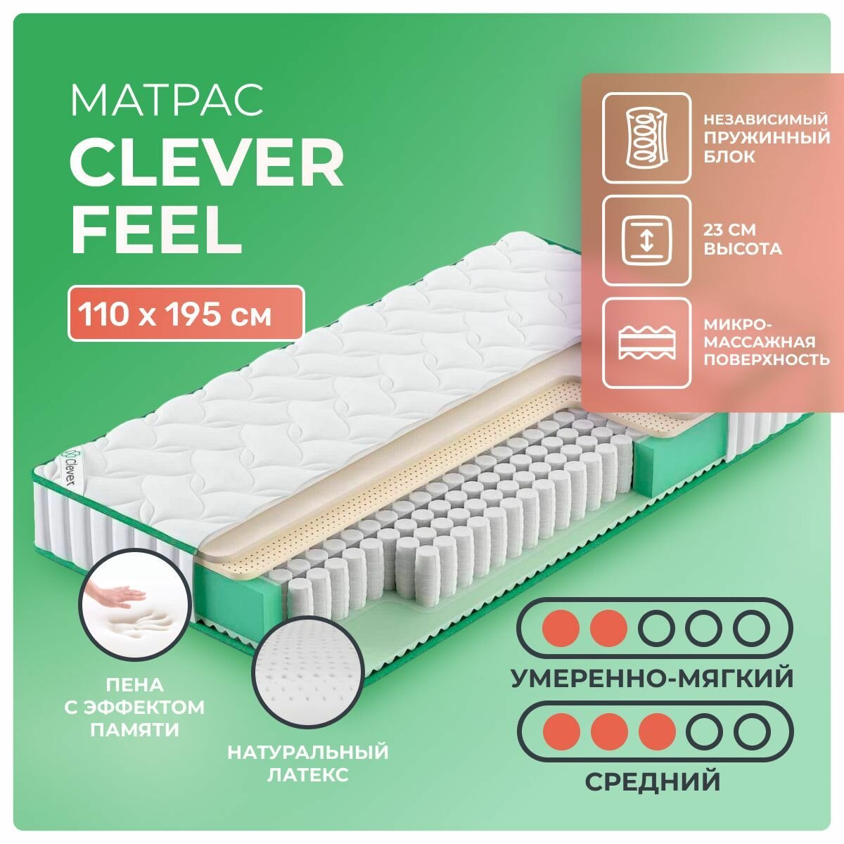 Матрас 110х195 Clever Feel, независимые пружины, двусторонний с разной жесткостью, полумягкий, cредне-жёсткий, пенополиуретан memory foam латекс, полутораспальный 195х110