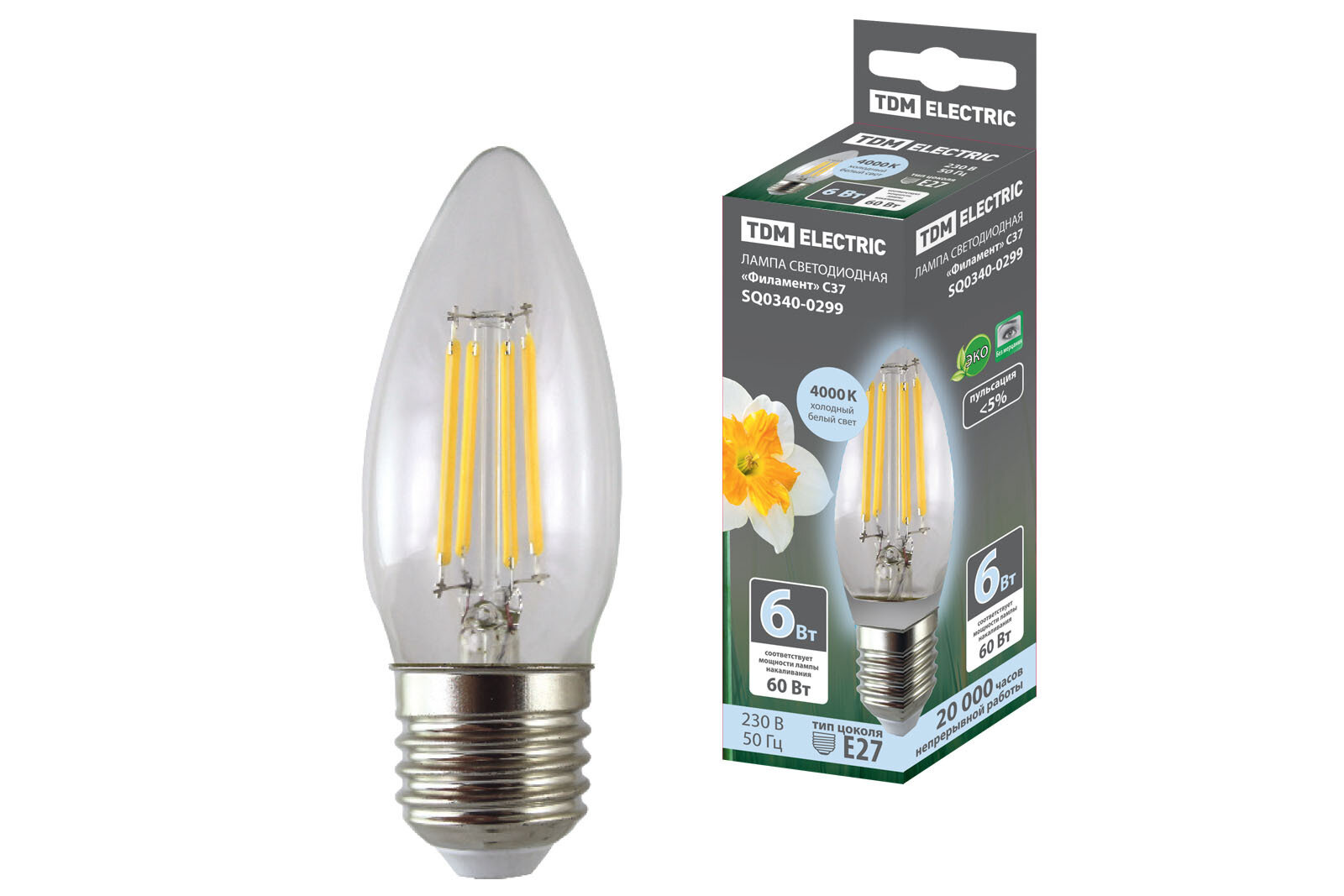 Лампочка LED Филамент С37 6W 230B 4000К E27 TDM SQ0340-0299, 10 лампочек