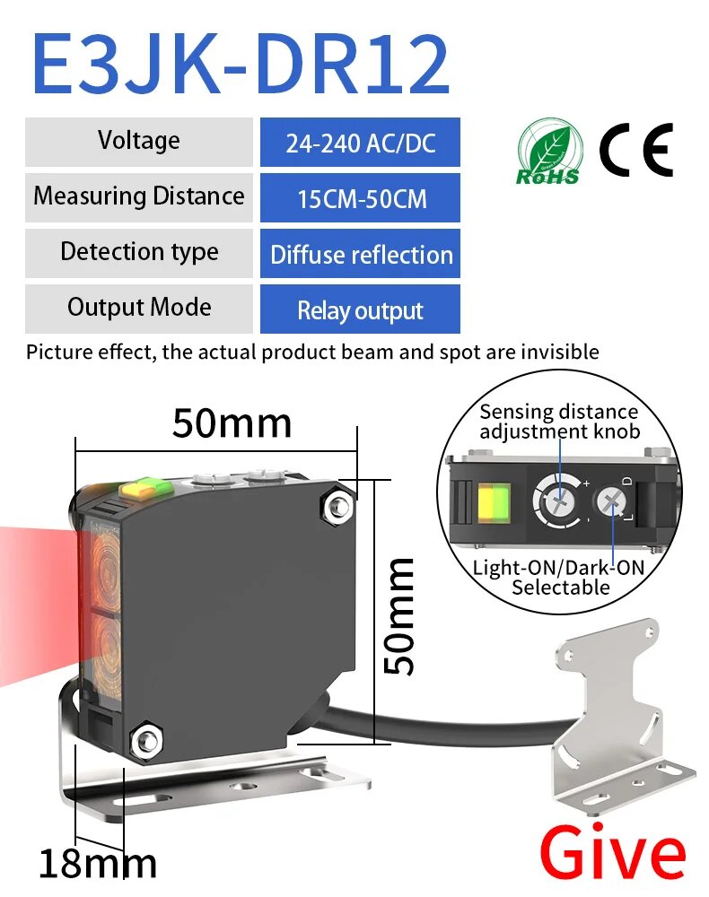 Фотоэлектрический датчик E3JK-DR12, 15-50см, диффузный, 24-240 AC/DC