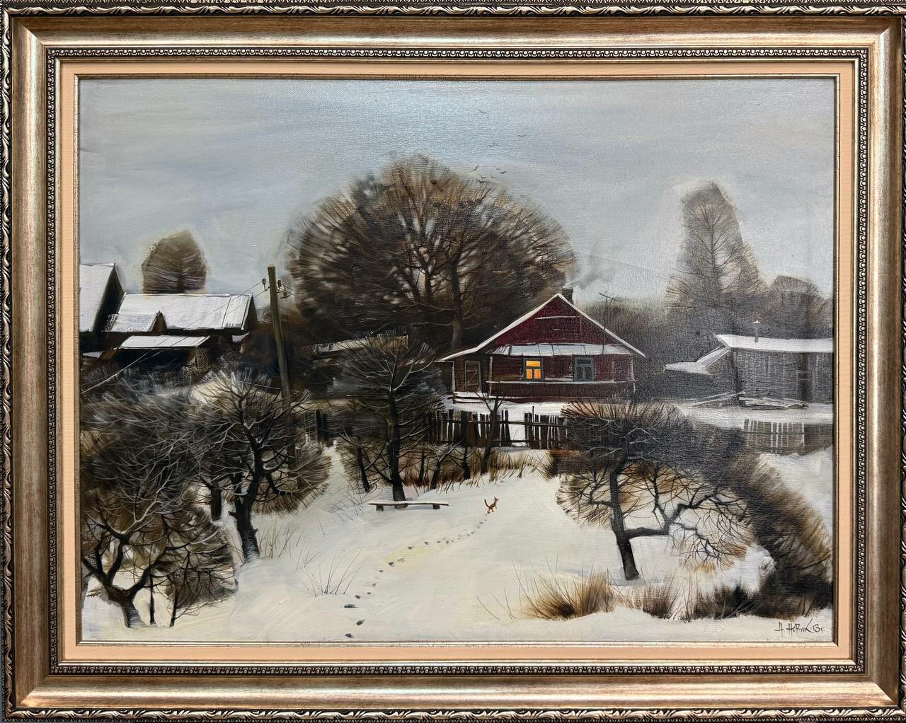 Картина маслом, пейзаж "Зима в деревне". Холст/Масло, 2013. Размер 60х80. Автор Новик А.