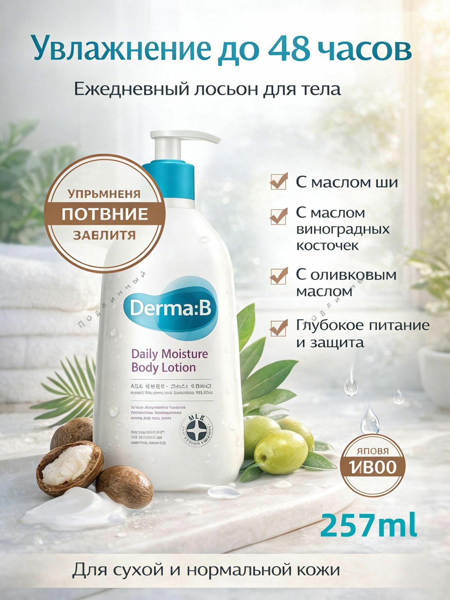 Увлажняющий крем для тела DermaB, 257 мл, питательный лосьон для сухой кожи, длительное увлажнение и мягкость