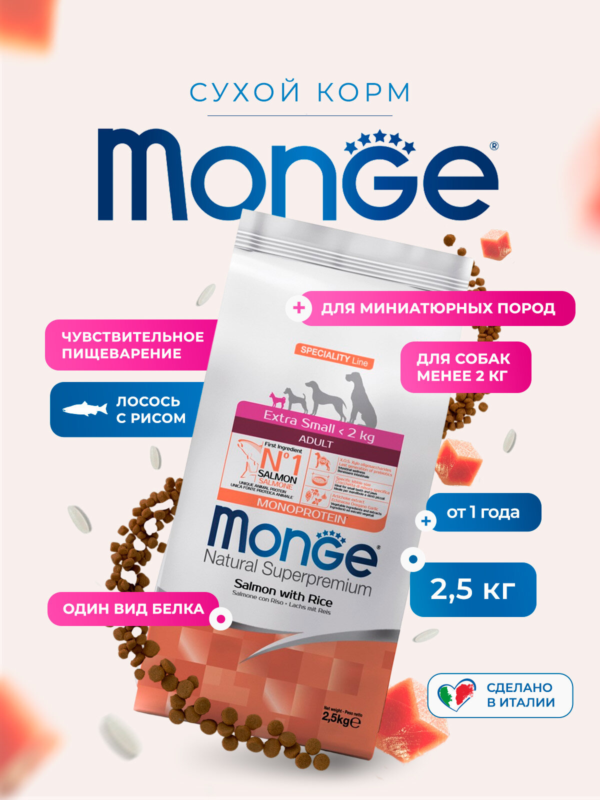 Сухой корм для взрослых собак миниатюрных пород Monge Dog Speciality Line Monoprotein, с лососем и рисом 2,5 кг