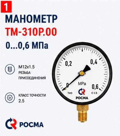 Манометр ТМ-310Р.00 (0.0,6 MPa) М12х1.5 кл2.5 - росма