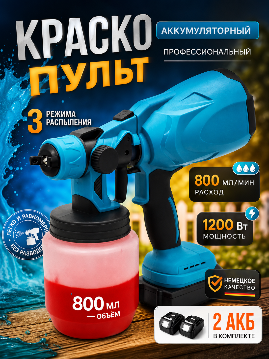 Краскопульт аккумуляторный электрический, 3 режима работы, мощность, 2 аккумулятора