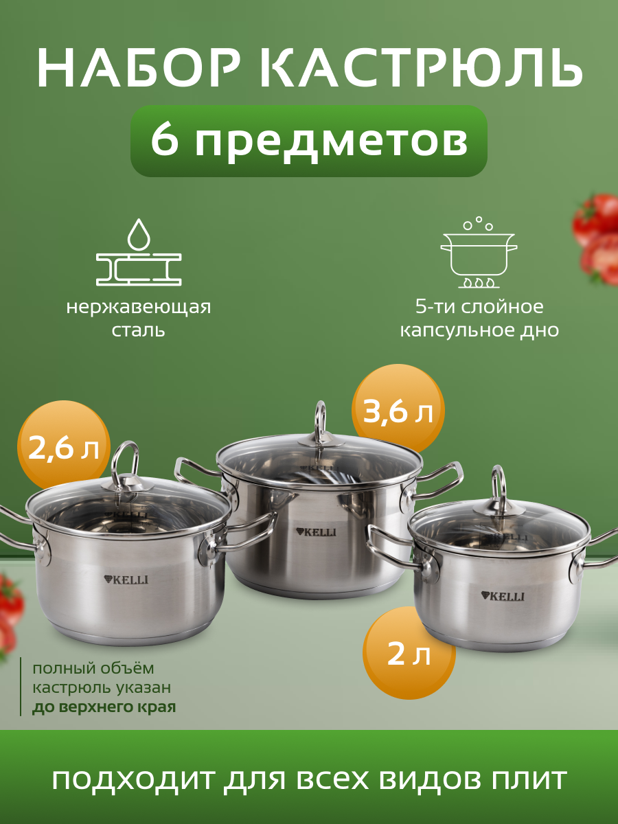 Набор кастрюль KELLI, нержавеющая сталь, капсульное дно, 2/2.6/3.6 л 3 шт