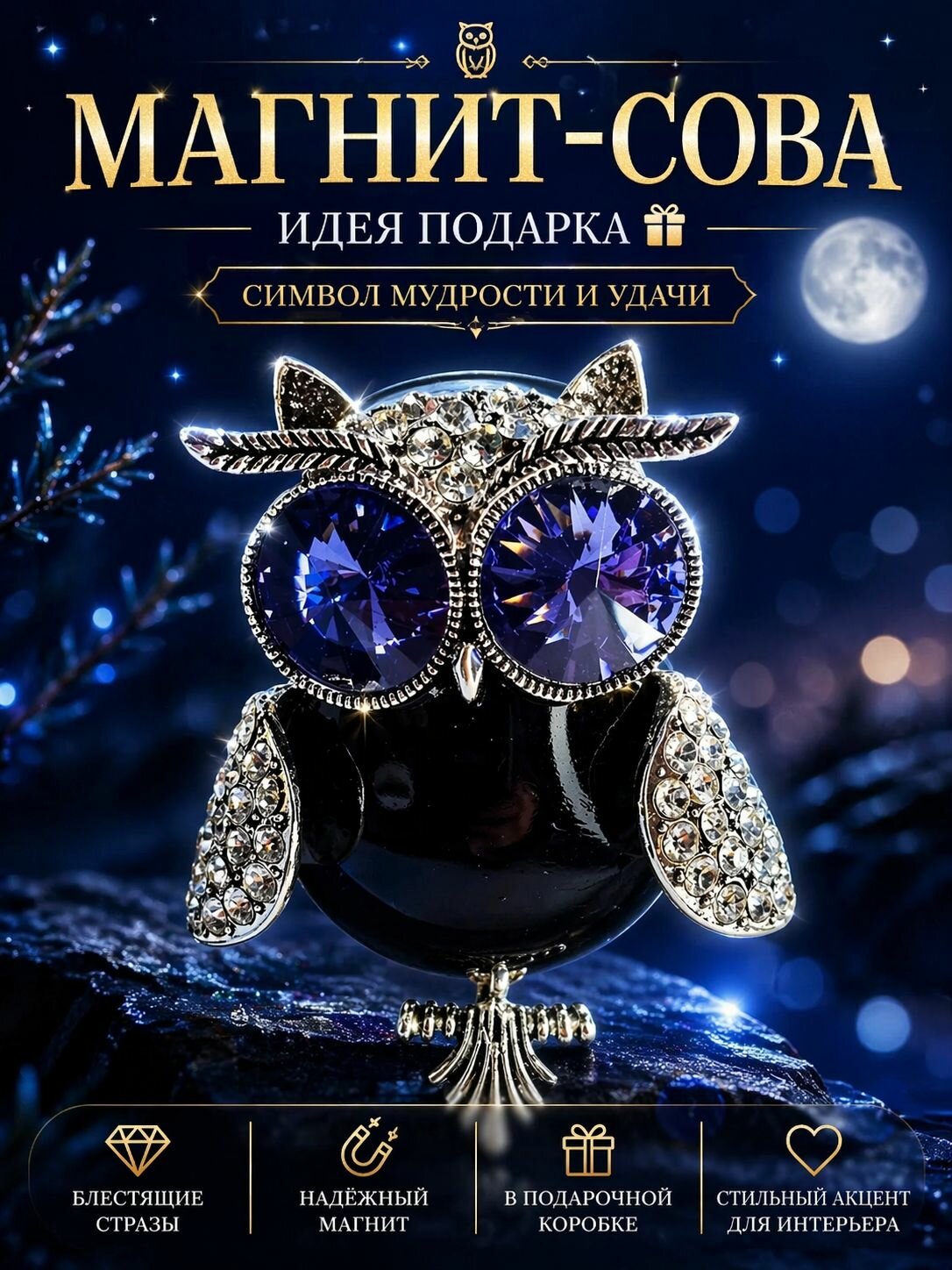Сова талисман сувенирный магнит со стразами