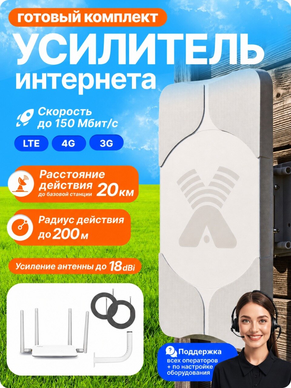 Усилитель интернета 3G/4G, интернет на дачу готовый комплект, роутер с сим картой, антенна Antex AGATA-2