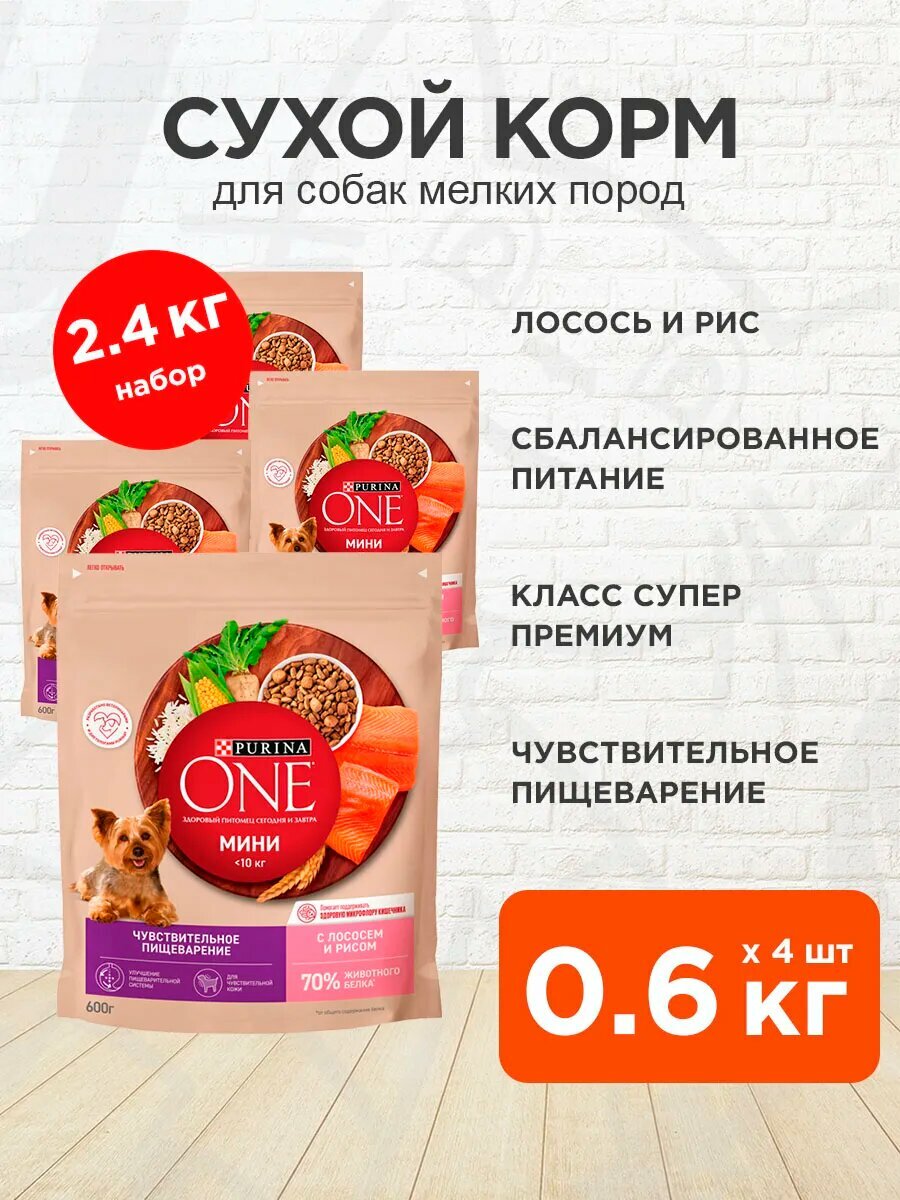 Корм сухой Purina One Мини для взрослых собак мелких пород при чувствительном пищеварении, лосось и рис, 600 г х 4 шт