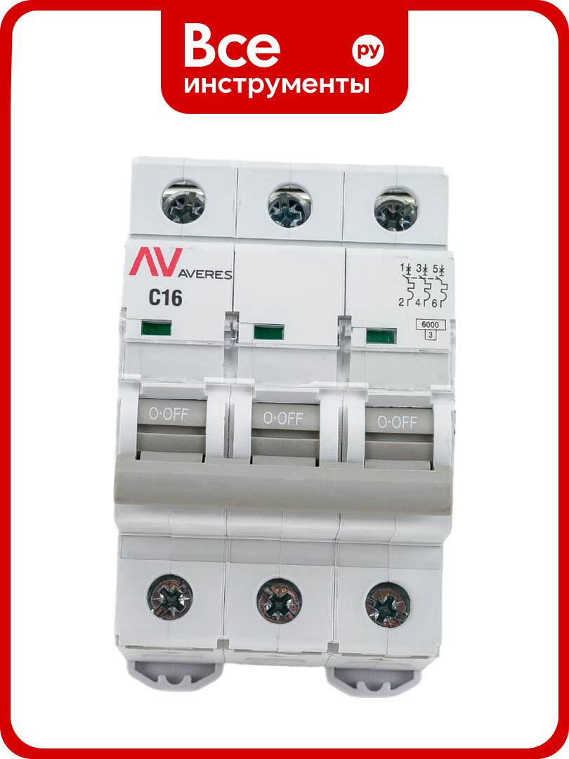 Автоматический выключатель EKF AVERES AV-6, 3P, 16A, C, 6kA, модульный тип, установка на DIN‑рейку, серый корпус