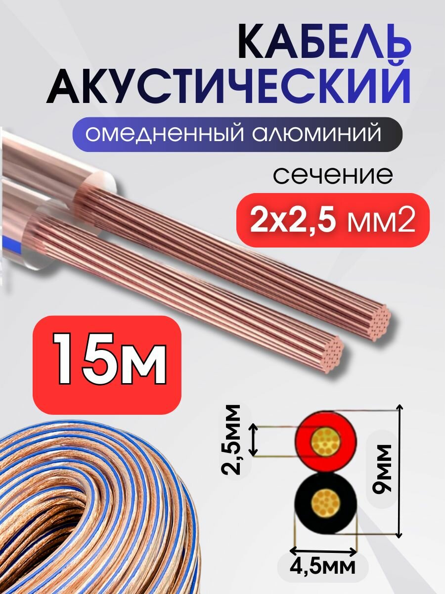 Акустический кабель 2x2,5 мм прозрачный, омедненный алюминий, 15 м
