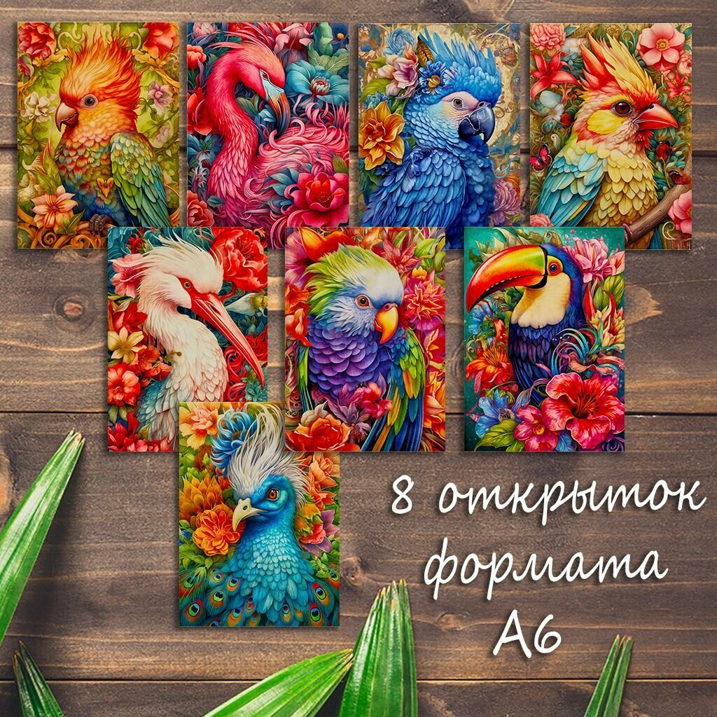 Большой набор открыток Тропические птицы, 8 штук